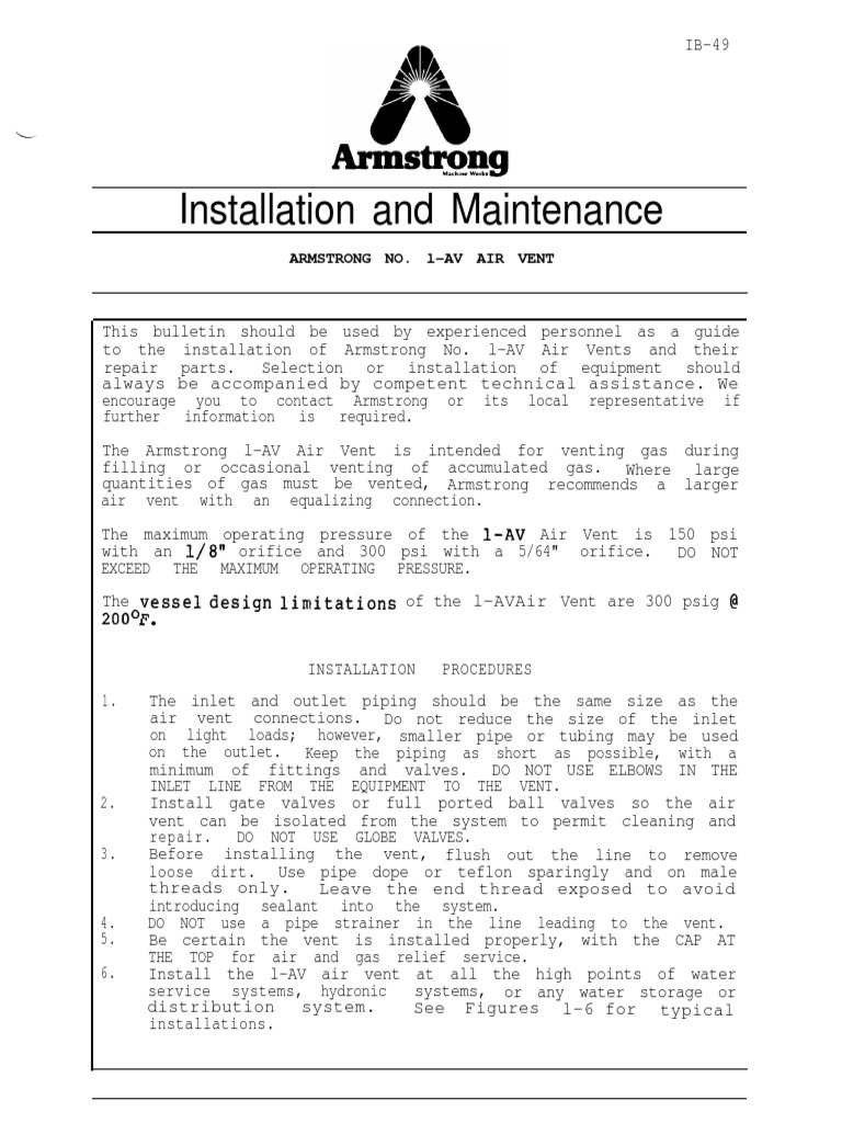 Armstrong l-AV Air Vent Installation Guide | PDF | Valve | Pipe (Fluid ...