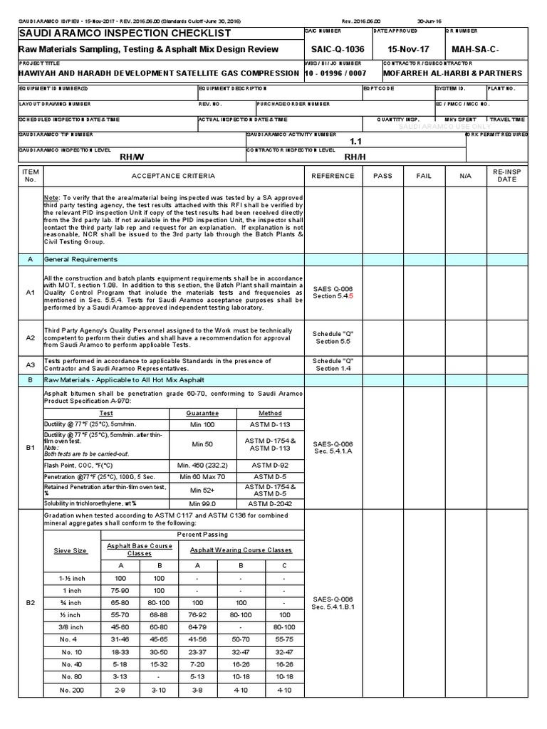 SAIC-Q-1036 Raw Materials Sampling, Testing & Asphalt Mix Design Review ...