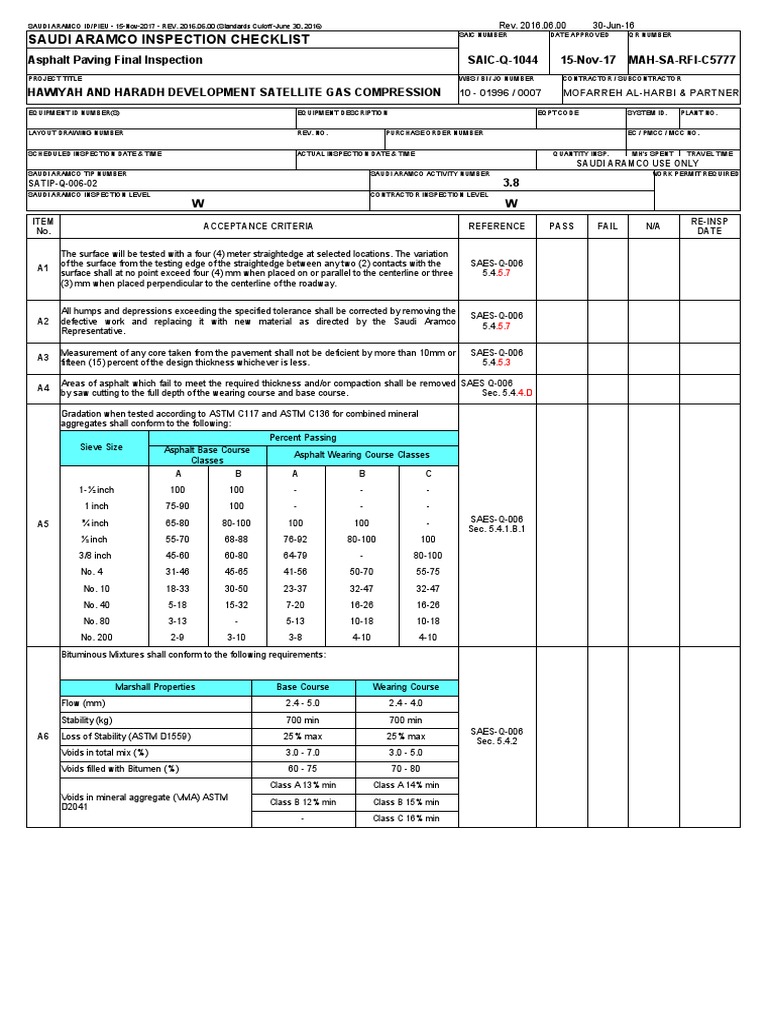 SAIC-Q-1044 Asphalt Paving Final Inspection | PDF | Asphalt | Civil ...