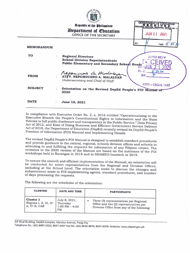 Memo - Orientation On The Revised DepEd Peoples FOI Manual of 2020 | PDF