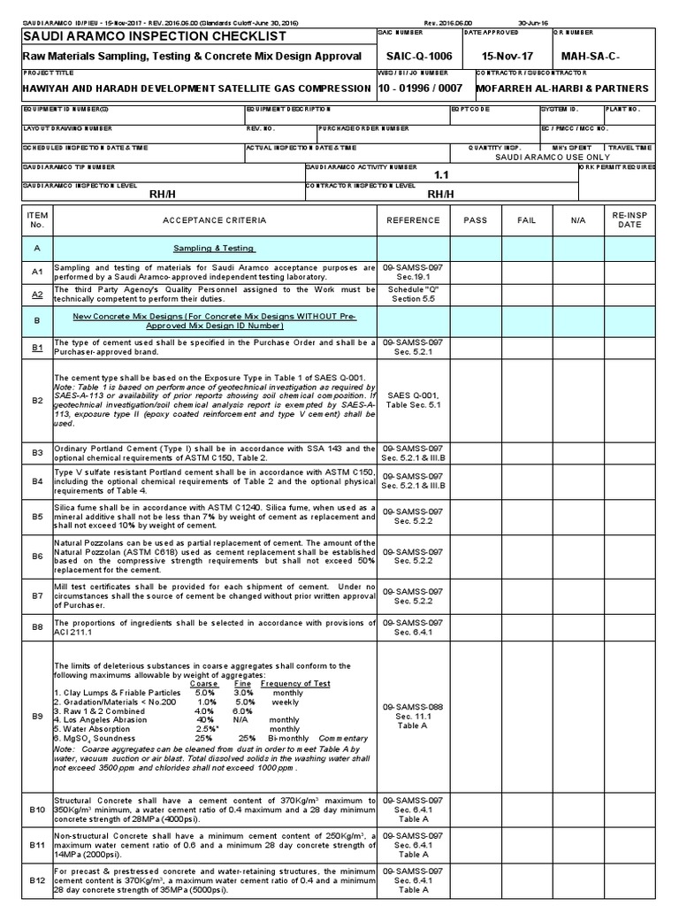 Saudi Aramco Inspection Checklist | PDF | Concrete | Cement