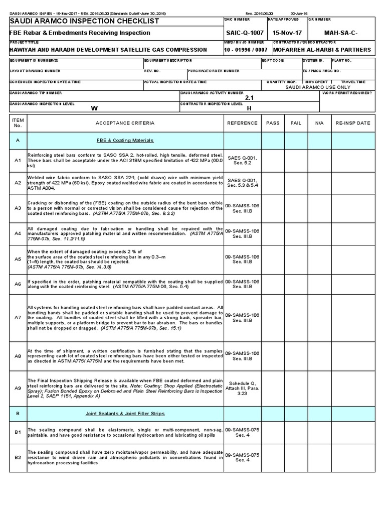 Saudi Aramco Inspection Checklist: FBE Rebar & Embedments Receiving ...