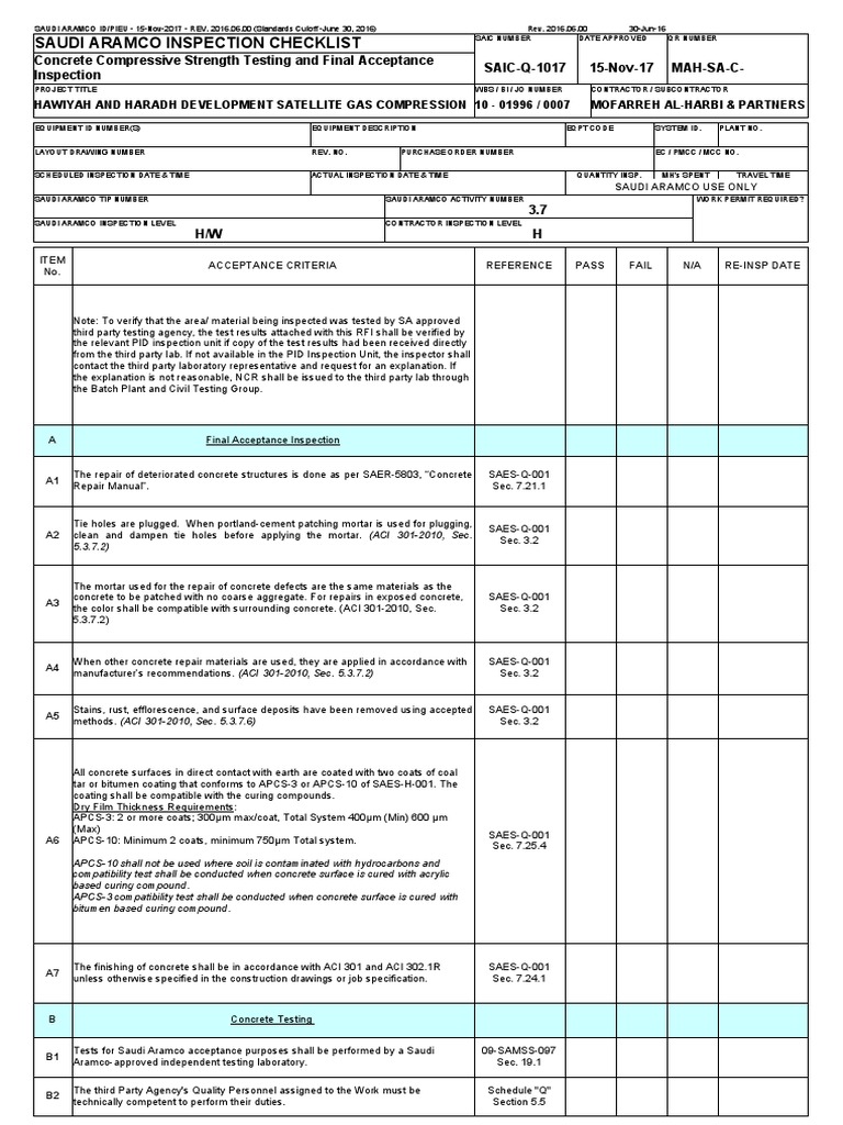 Saudi Aramco Inspection Checklist | PDF | Concrete | Asphalt