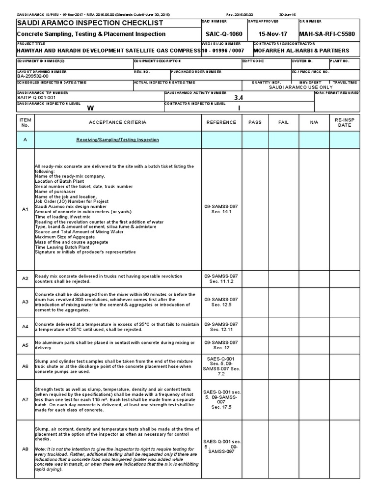 Saudi Aramco Inspection Checklist | PDF | Concrete | Economic Sectors