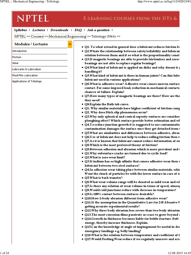 Modules / Lectures: NPTEL Courses Mechanical Engineering Tribology (Web ...