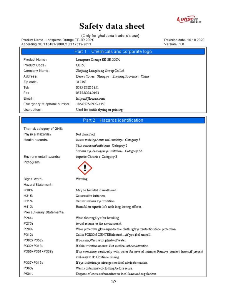 MSDS Orange Ee-3r 200% O0150 | PDF | Dangerous Goods | Toxicity