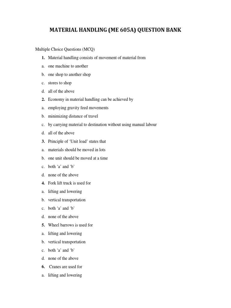Material Handling MCQ Question Bank | PDF | Belt (Mechanical) | Crane ...