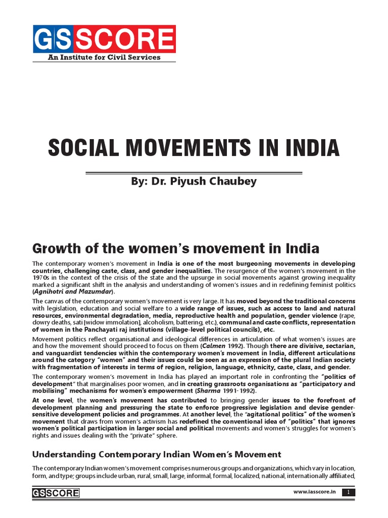 Social Movements in India: Growth of The Women's Movement in India ...