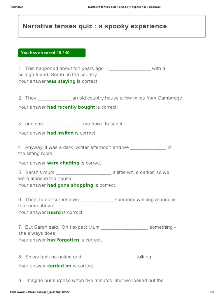 Narrative Tenses Quiz - A Spooky Experience - ELTbase | PDF | Language ...