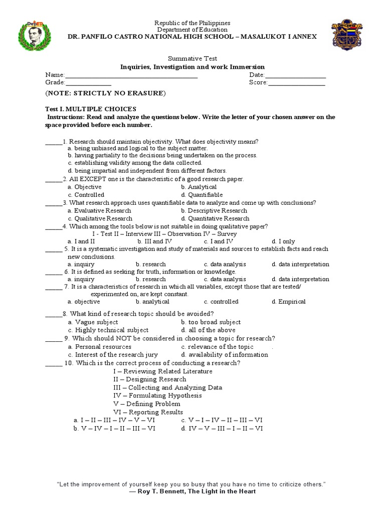 Inquiries, Investigation and Work Immersion: Dr. Panfilo Castro ...