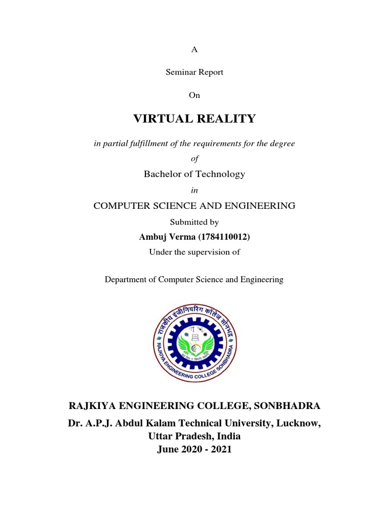 Seminar Report on Virtual Reality | PDF | Virtual Reality | Simulation