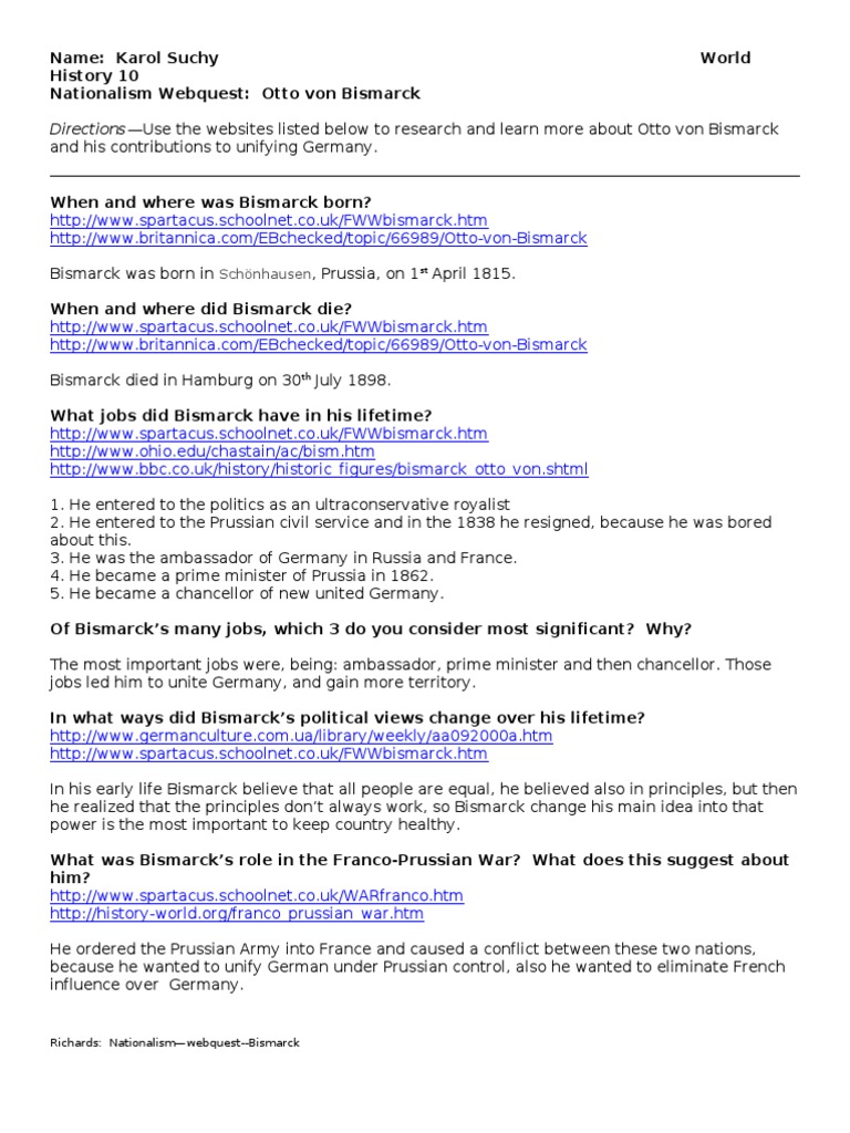 Nationalism Webquest Bismarck.. | PDF | Otto Von Bismarck | Kingdom Of ...