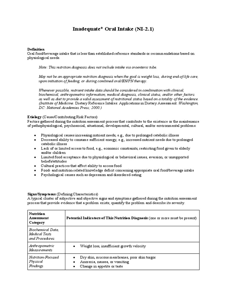 Defining Inadequate Oral Intake: Etiology, Signs and Symptoms, and ...