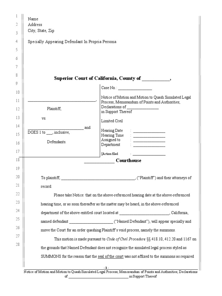 MOTION TO QUASH For Lack of Seal | PDF | Summons | Burden Of Proof (Law)