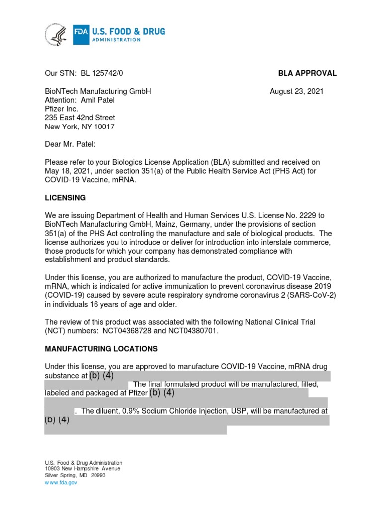 August 23, 2021 FDA Approval Letter - Comirnaty | PDF | Food And Drug ...