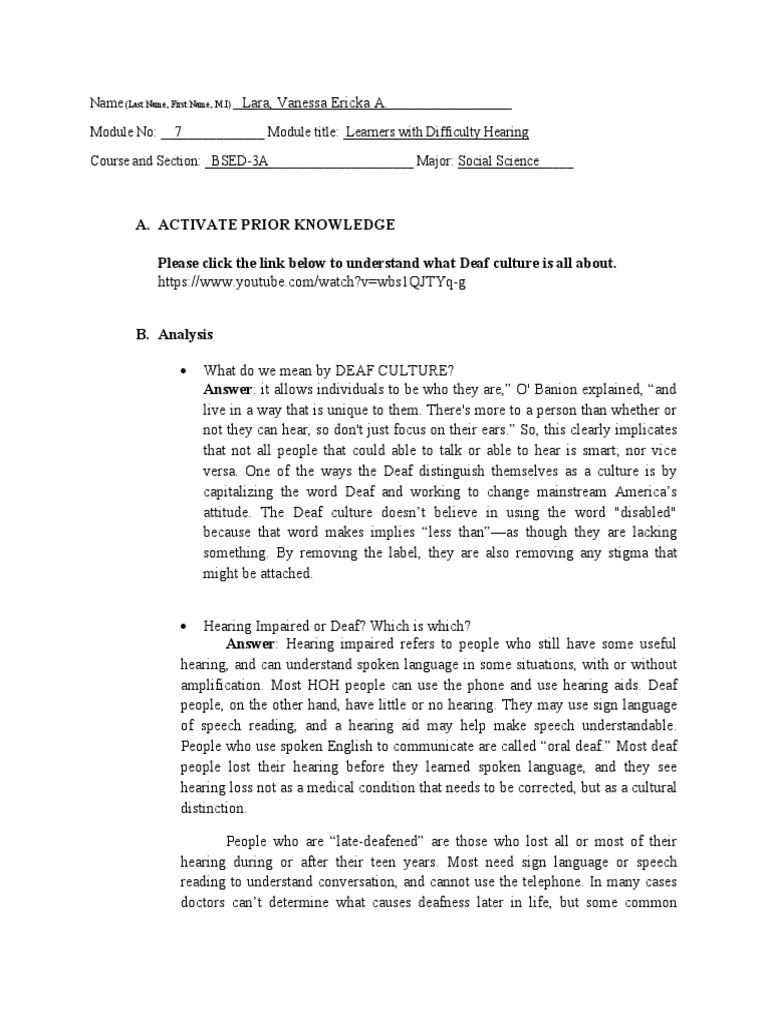 Name Module No: - 7 - Module Title: Learners With Difficulty Hearing Course and Section: BSED-3A ...