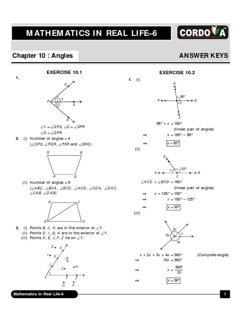 Mathematics in Real Life-6: Answer Keys Chapter 10: Angles | PDF | Angle | Scientific Observation