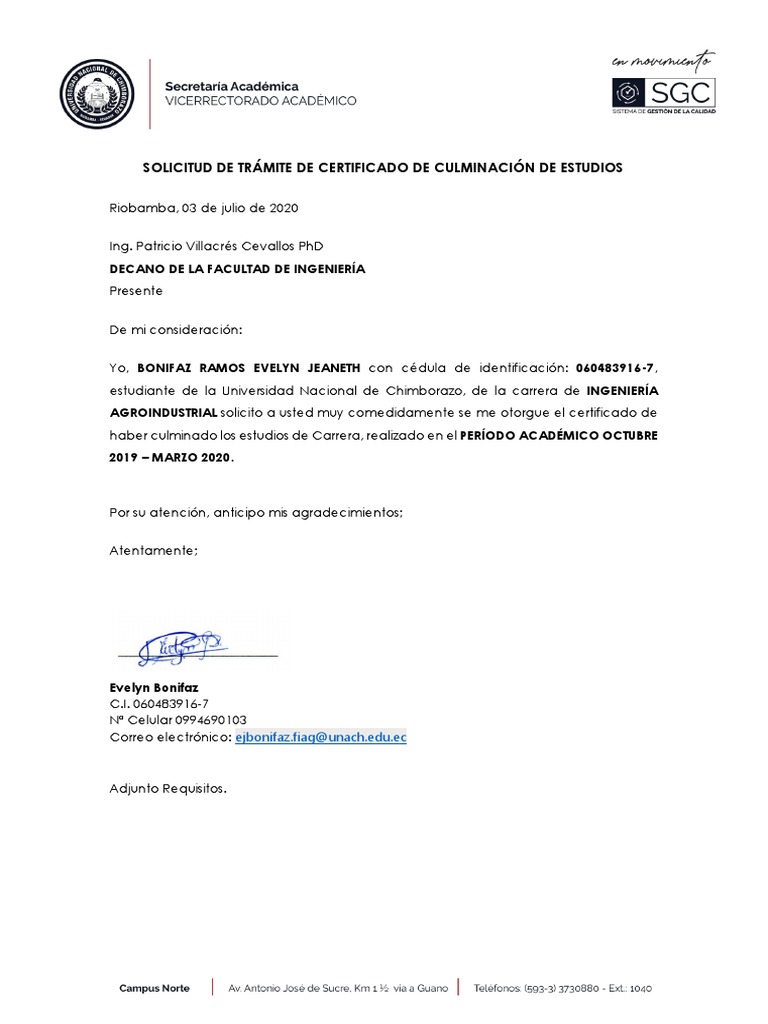 Solicitud de Trámite de Certificado de Culminación de Estudios | PDF