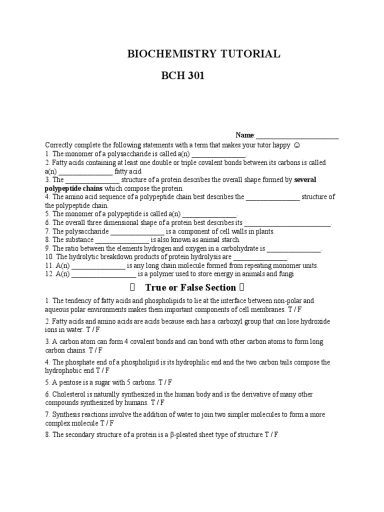 Biochemistry Tutorial BCH 301: True or False Section | PDF | Chemistry | Biochemistry