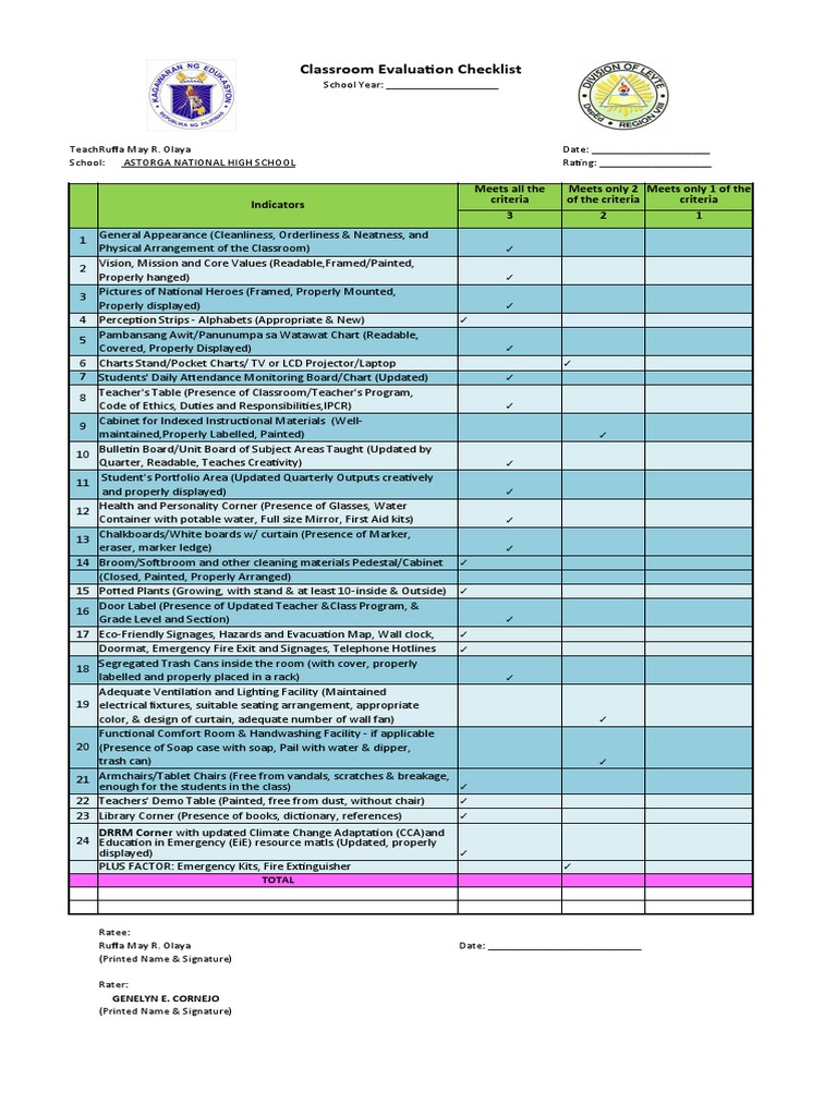 Classroom Evaluation Checklist | PDF