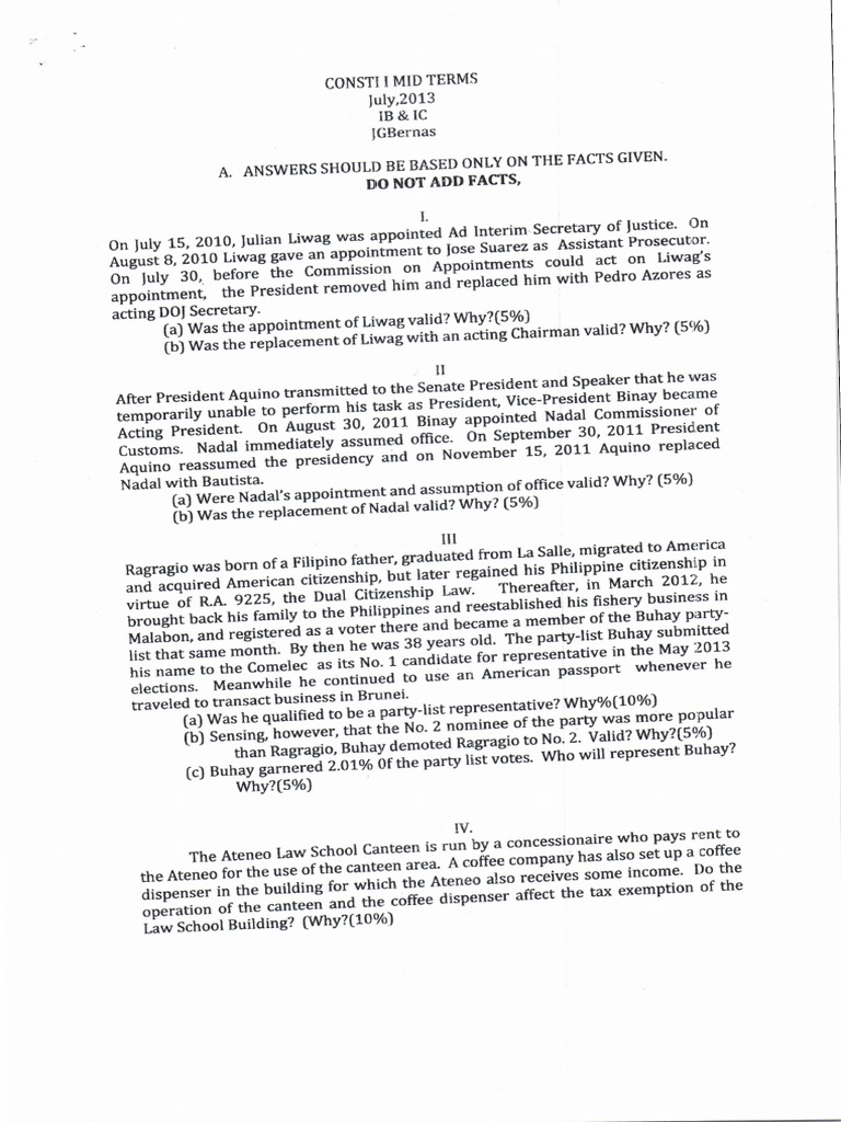 Constitutional Law 1 - Fr. Bernas - Midterms 2013 | PDF | Justice ...