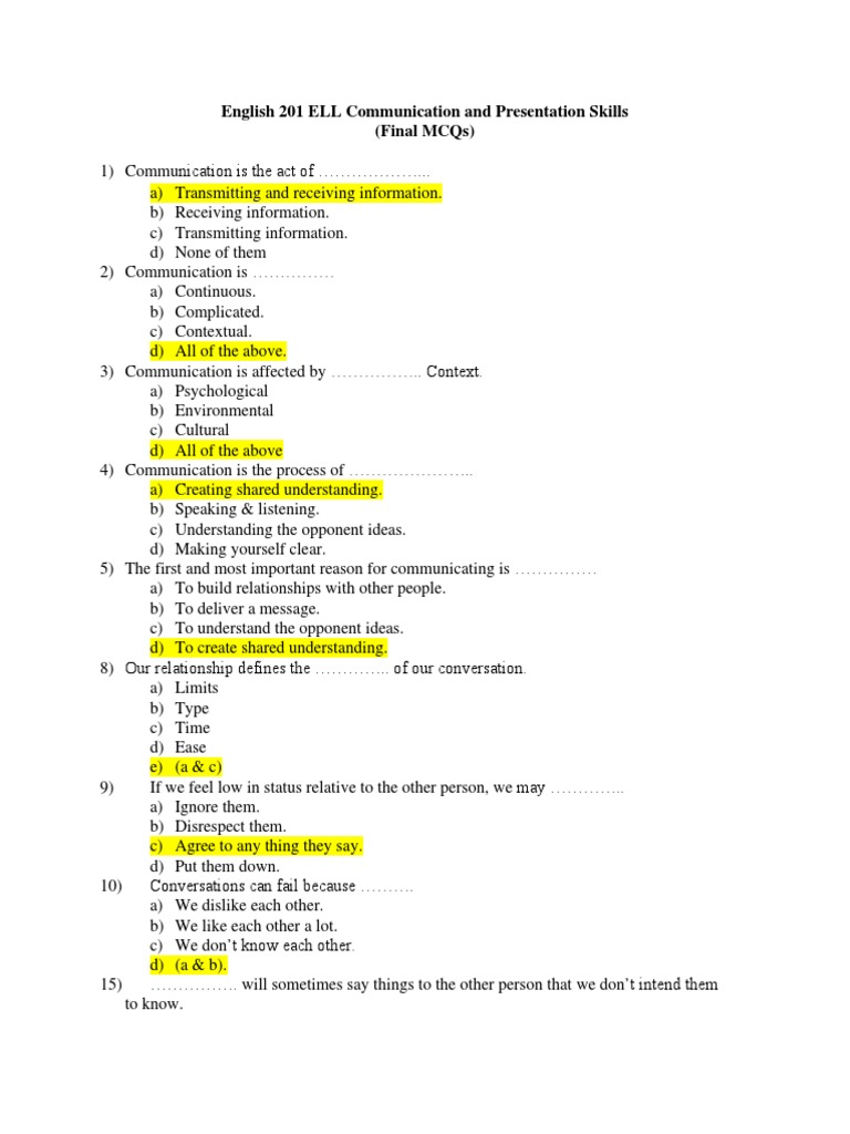 English 201 Ell Communication and Presentation Skills (Final MCQS ...