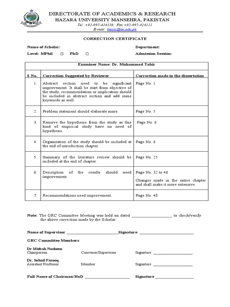 Patern of Thesis Correction Certificate Hazara Ni Mansehra | PDF ...