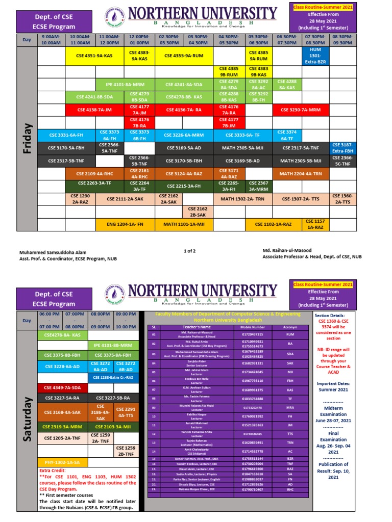 Revised Class Routine-Summer-2021 ECSE 27-5-2021 | PDF | Academia