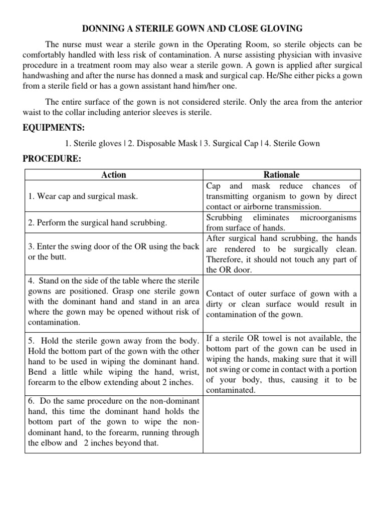 Donning A Sterile Gown and Close Gloving | PDF | Hand | Glove