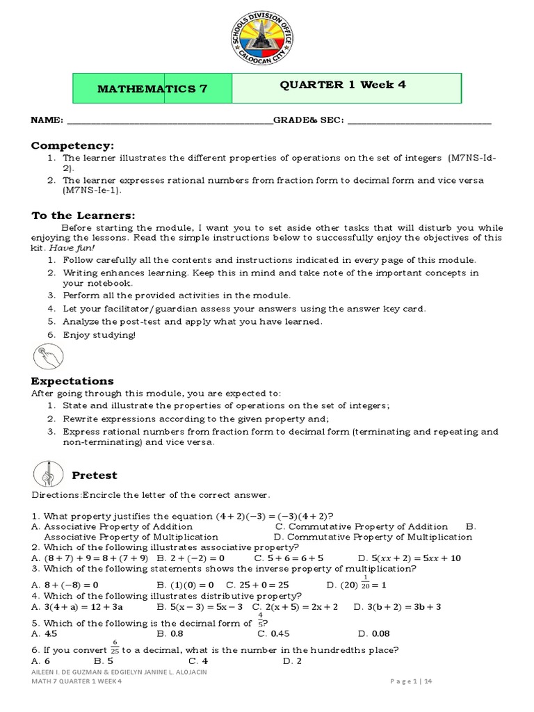 Math 7 Week 4 Q1 | PDF | Multiplication | Decimal