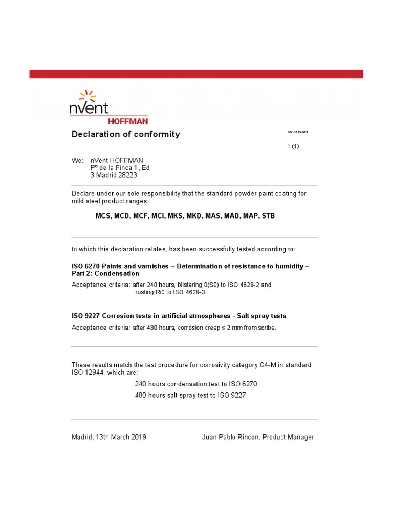 5 - Declaration of Conformity - ISO - 6270 & 9227 Certificate | PDF
