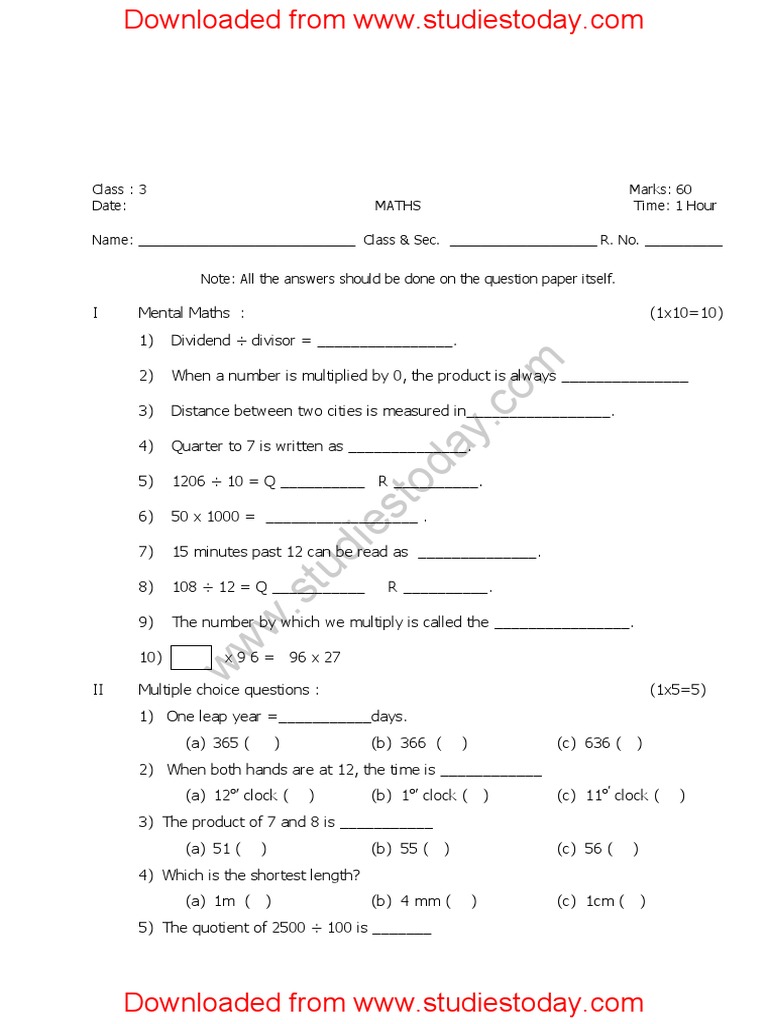 CBSE Class 3 Maths Sample Paper Set B | PDF | Division (Mathematics ...
