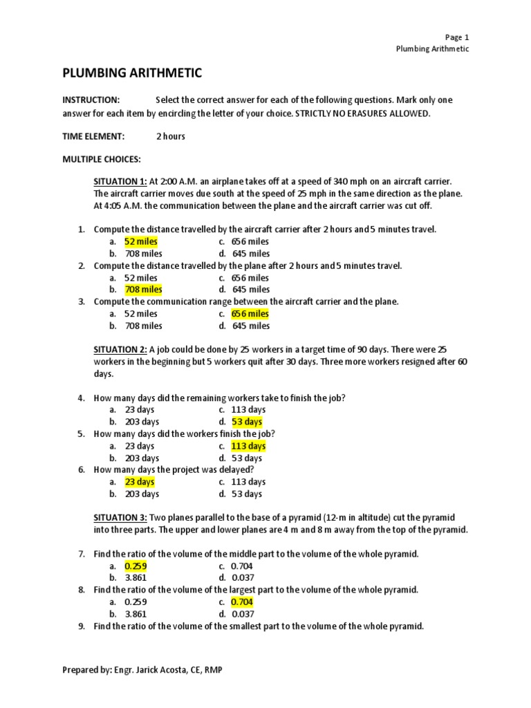 Plumbing Arithmetic Sample Problems | PDF | Area | Integral