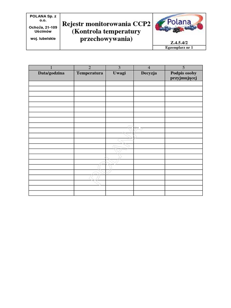 Rejestr Monitorowania CCP2 (Kontrola Temperatury Przechowywania) | PDF