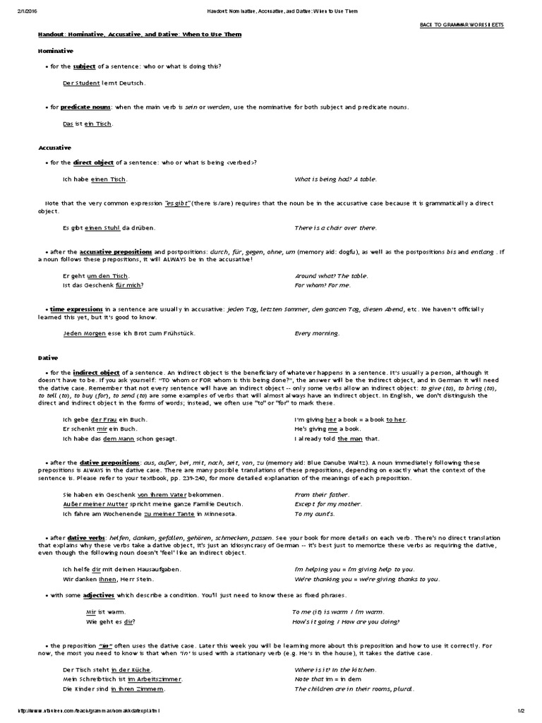 Handout - Nominative, Accusative, and Dative - When To Use Them | PDF ...