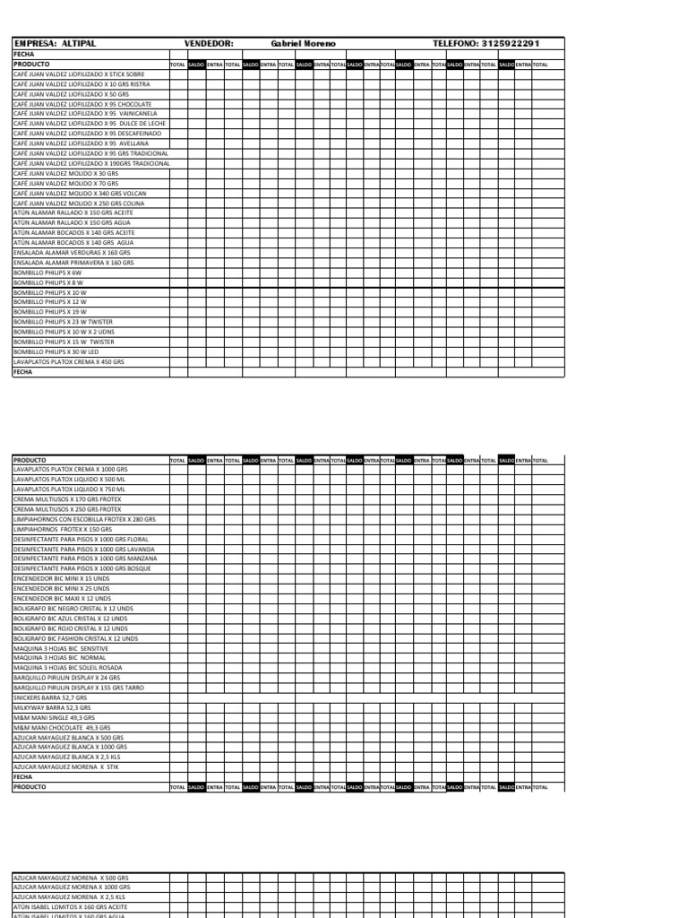 Lista de productos y saldos de la empresa ALTIPAL | PDF | café | Dieta ...