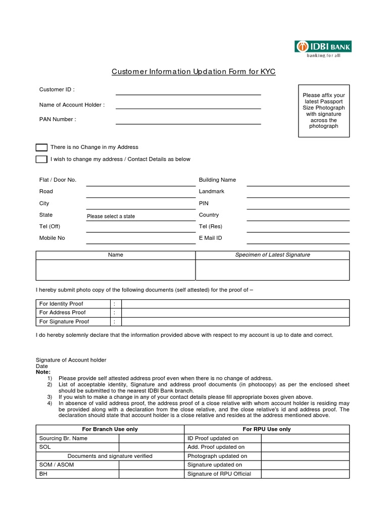 Customer Information Updation Form For KYC: Please Select A State | PDF ...