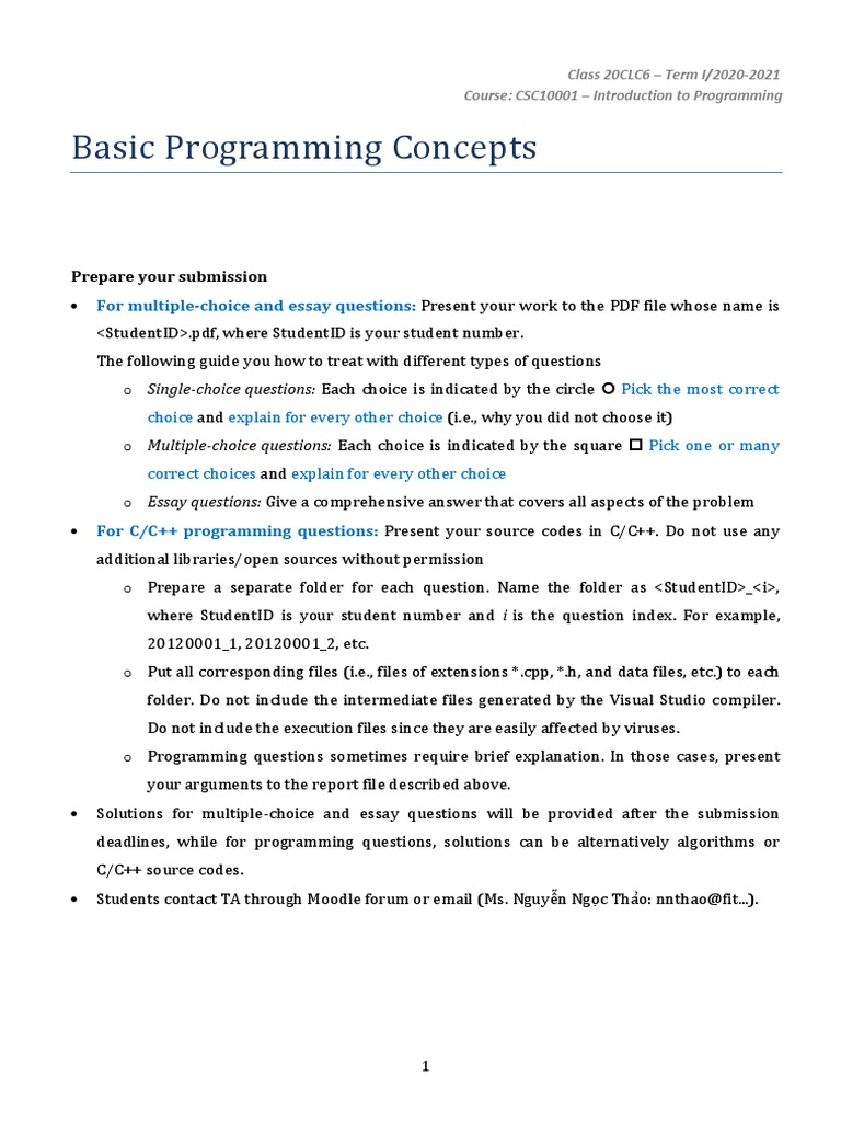 Basic Programming Concepts: For Multiple-Choice and Essay Questions ...