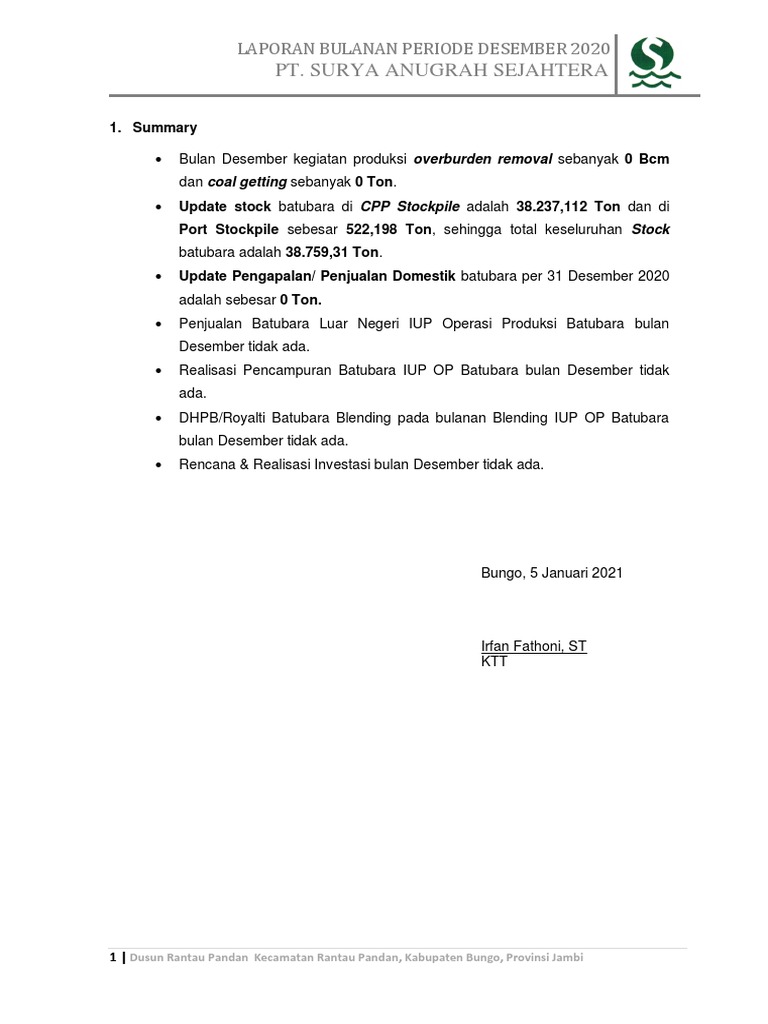 LAPORAN BULANAN Desember PT. SAS | PDF