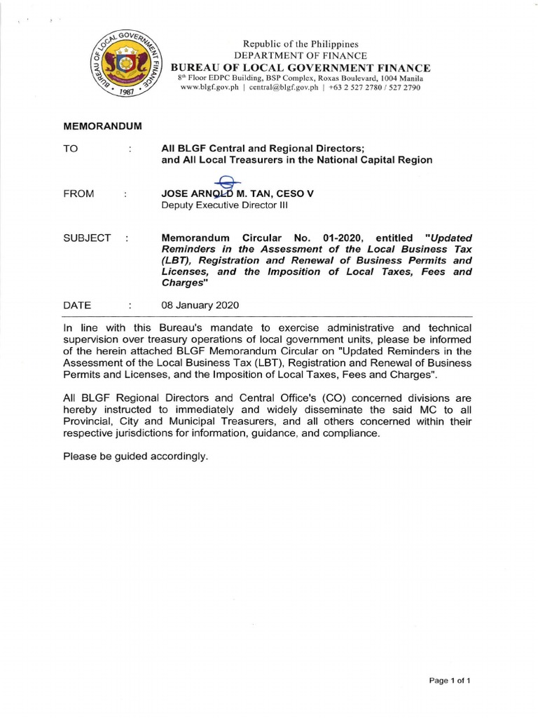 Memorandum MC 001 2020 Updated Reminders in The Assessment of The Local ...