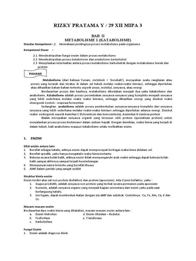 Bab II Metabolisme Rizky Pratama y Xii Mipa 3 | PDF