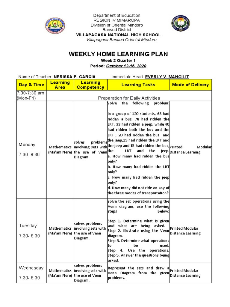 Weekly Home Learning Plan: Day & Time Learning Area Learning Competency Learning Tasks Mode of ...