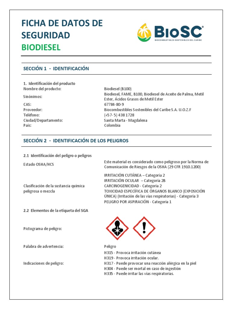 Hoja Seguridad Biodiesel | PDF | Agua | Biodiésel