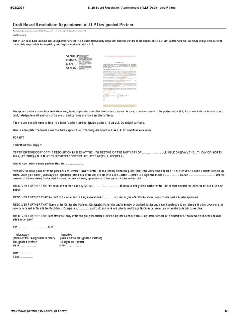 Draft Board Resolution - Appointment of LLP Designated Partner | PDF ...