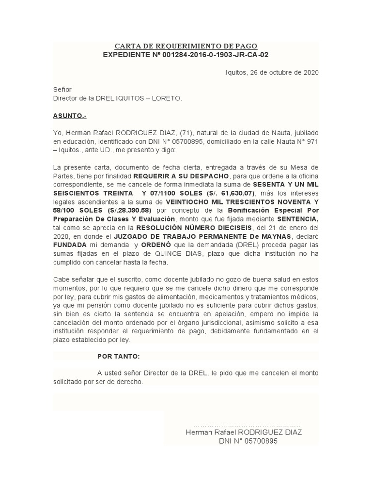 Carta de Requerimiento de Pago | PDF | Demanda judicial | Ley procesal