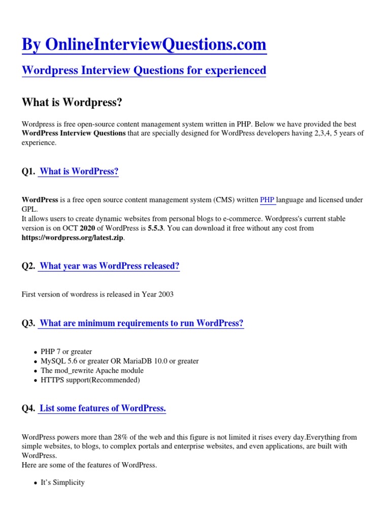 Wordpress Interview Questions For Experienced | PDF | Word Press | Software Development