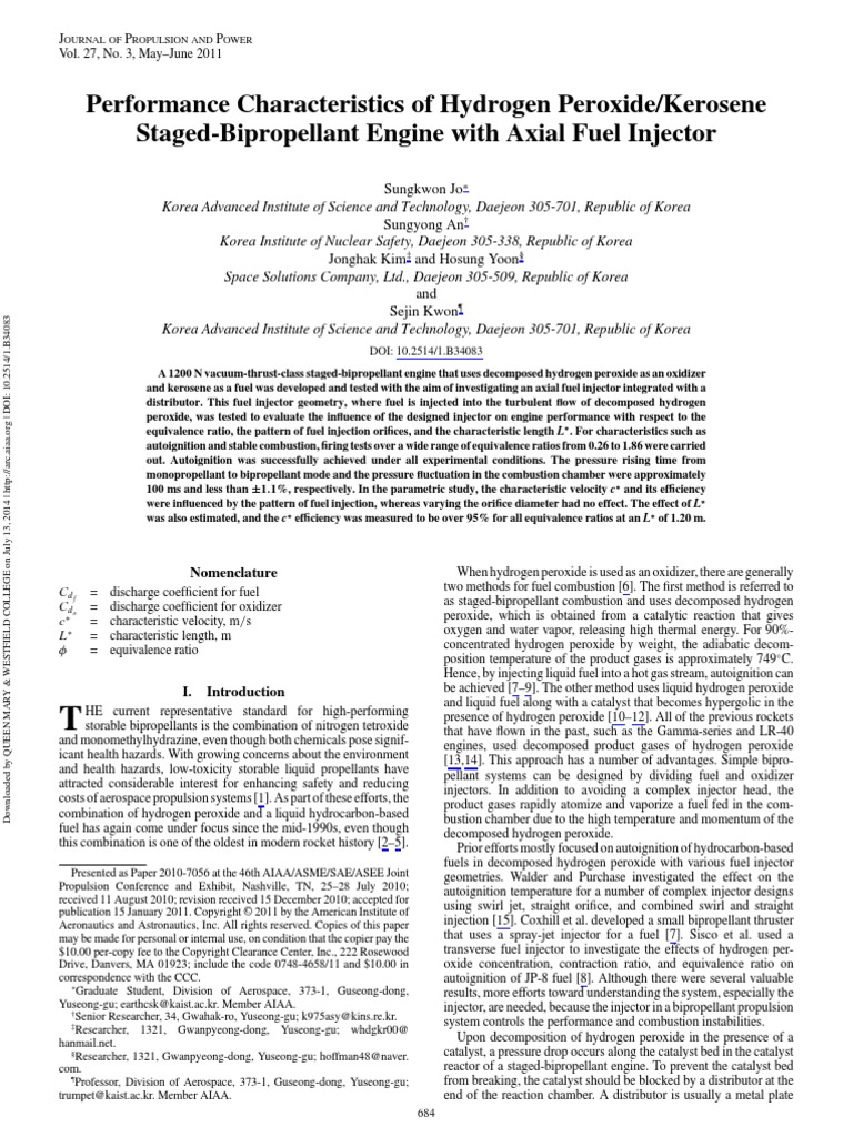 Performance Characteristics of Hydrogen Peroxide/Kerosene Staged ...