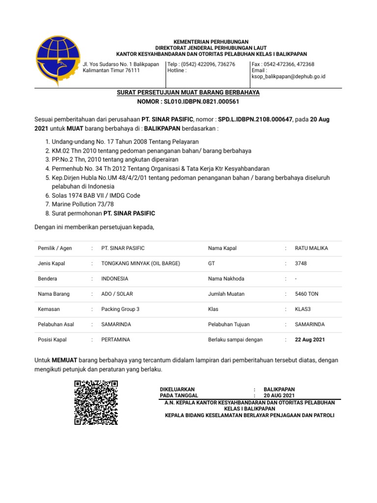 Surat Persetujuan Muat Barang Berbahaya | PDF