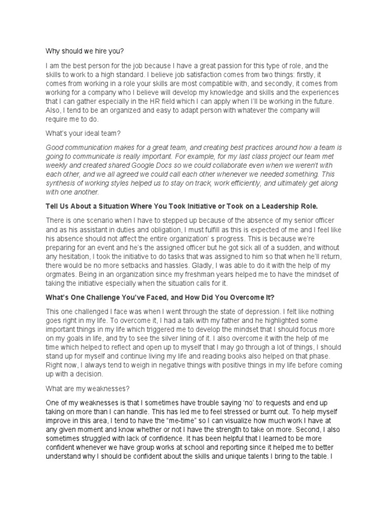 Possible Interview Questions | PDF | Mindset | Human Nature