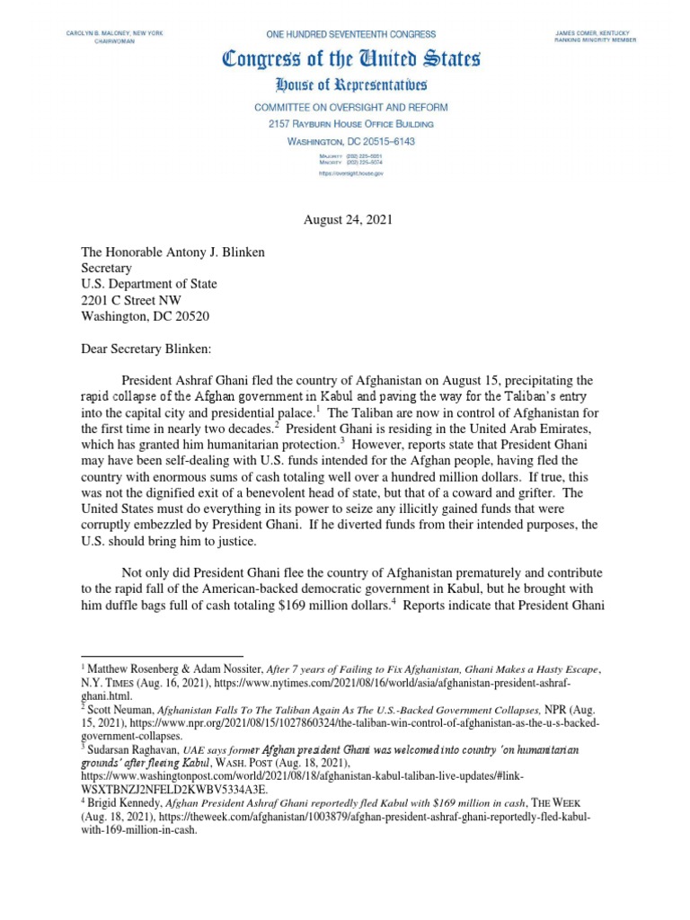 Oversight GOP Letter To Blinken | PDF | Afghanistan | Politics Of ...